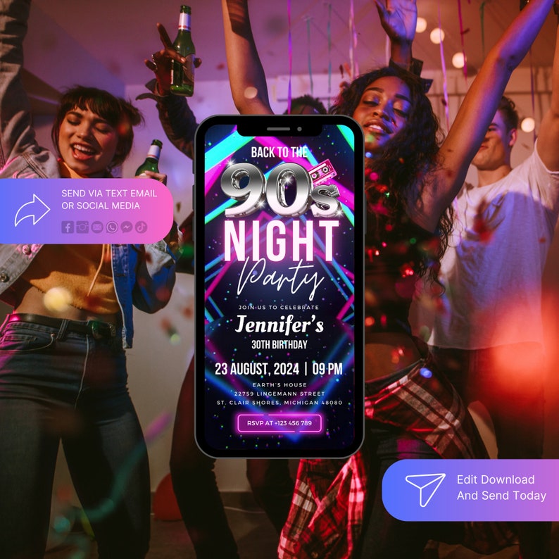Digital Invitation, 90s Party Invitation, Back to the 1990s Animated Invite With Music, Neon ...