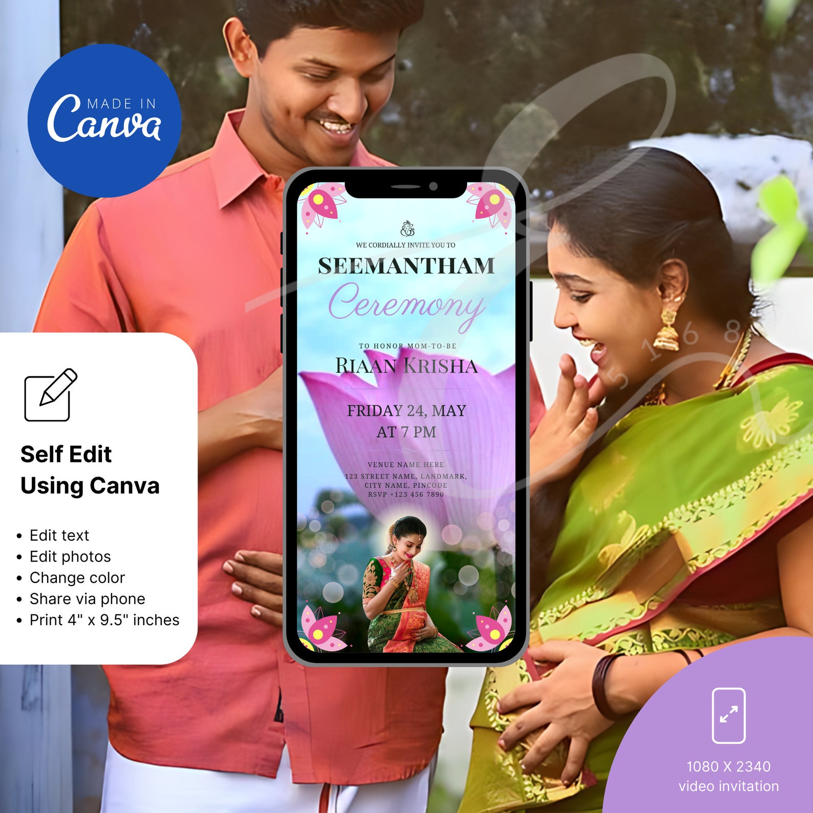 Digital Invitation, Seemantham Invitation, Indian Baby Shower ...