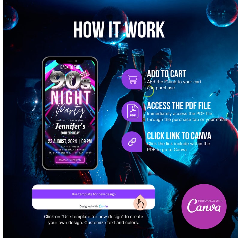 Digital Invitation, 90s Party Invitation, Back to the 1990s Animated Invite With Music, Neon ...