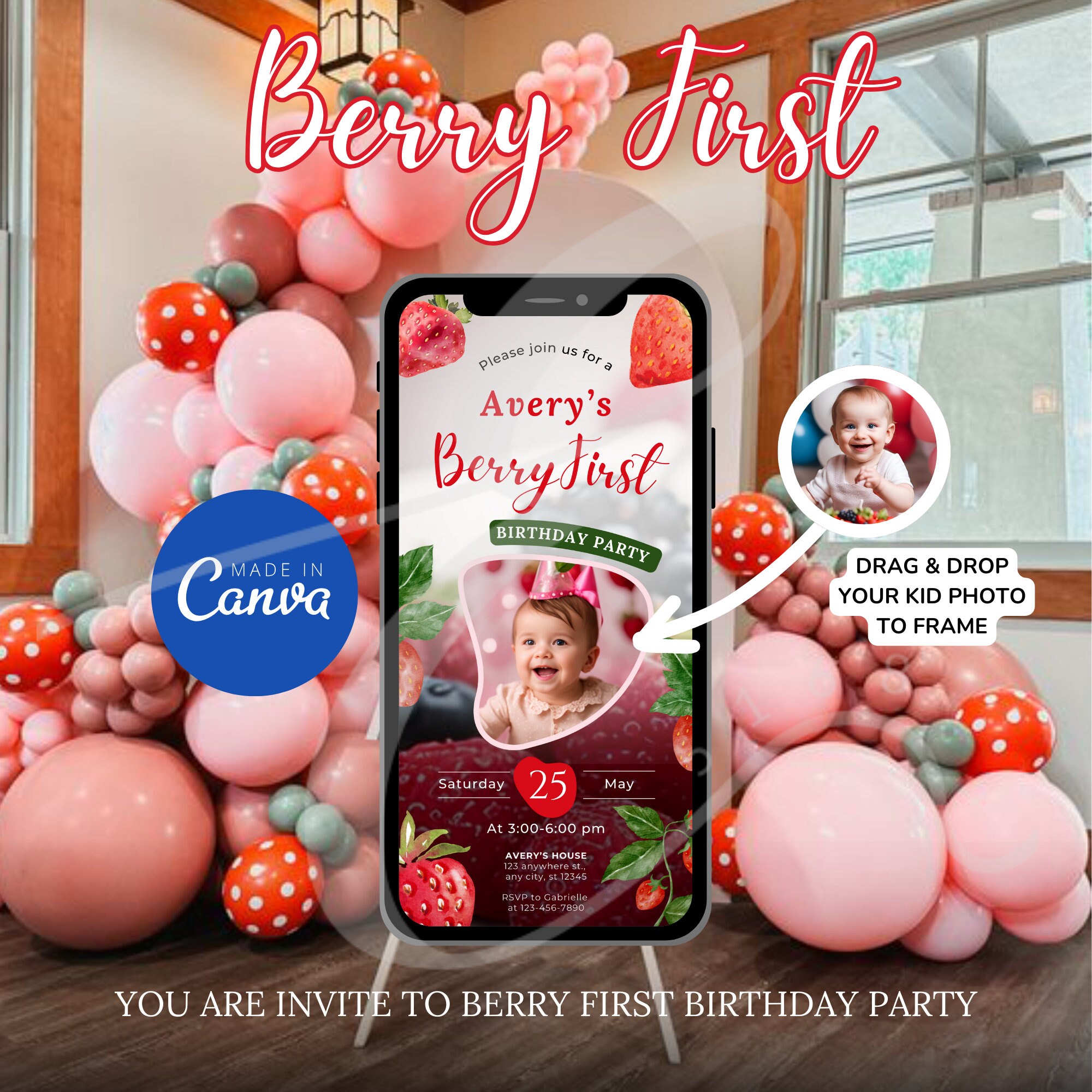 Animated Invitation, Berry First Birthday Invitation Template, Berry ...