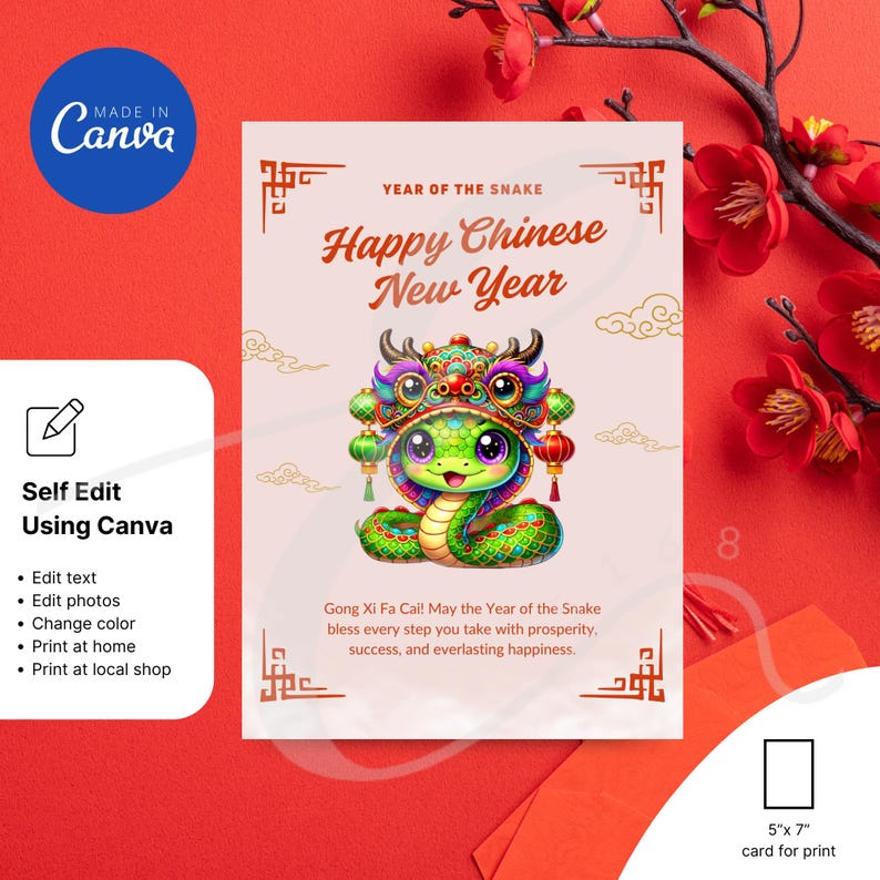 Chinese New Year 2025 Card Template, Snake New Year Lunar Celebration ...