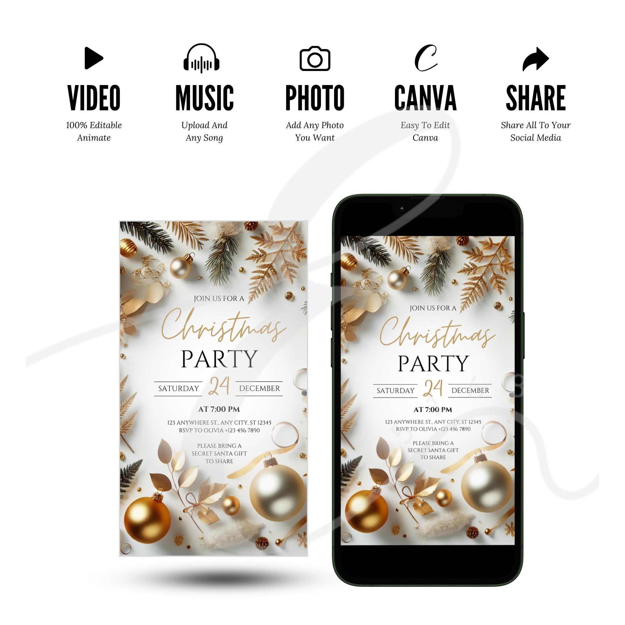 Digital Invitation, Christmas Party Invitation, Gold Holiday Party ...