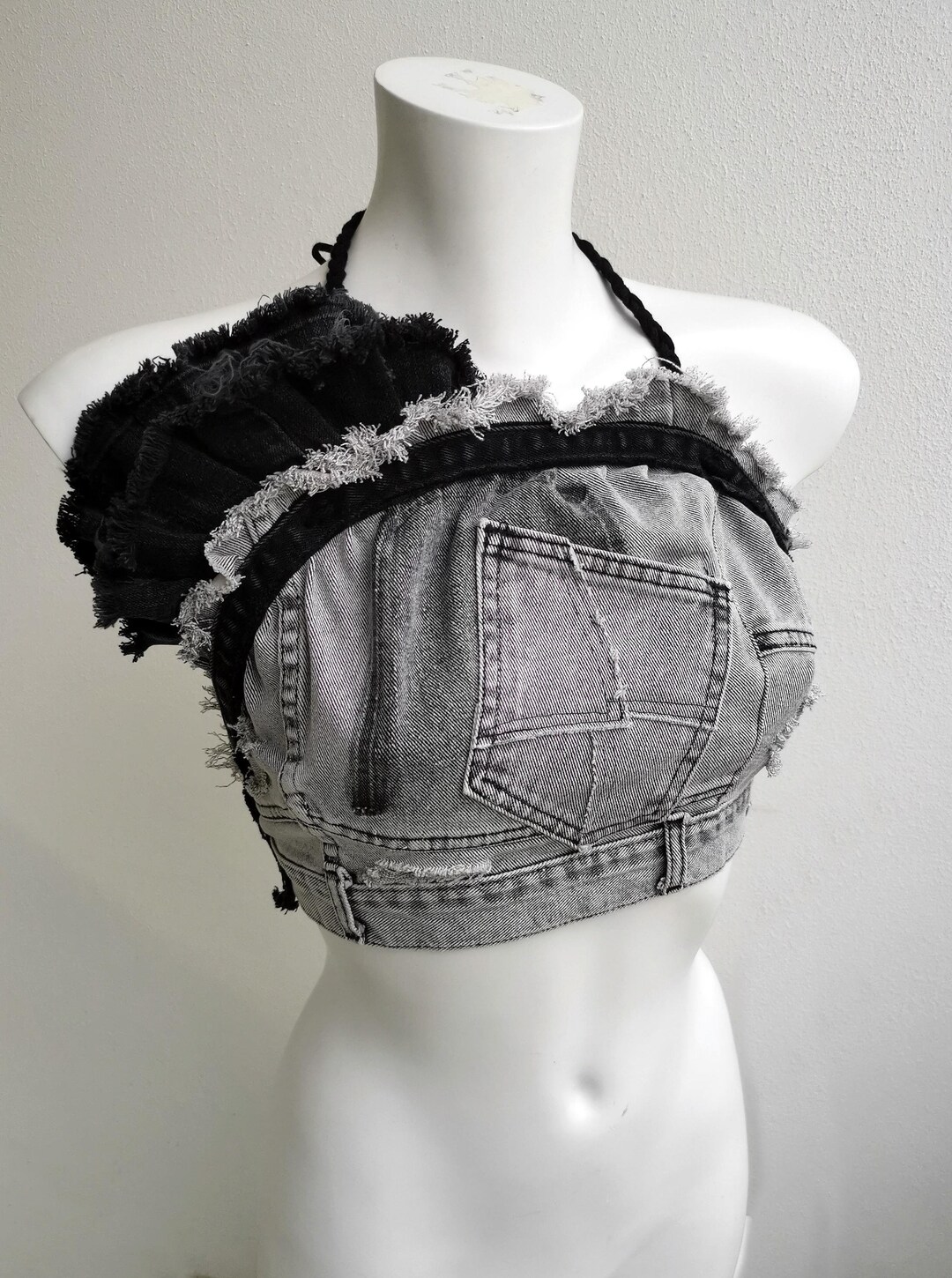 Distressed Denim Halter Crop Top: Upcycled Punk Rave Fashion - Etsy