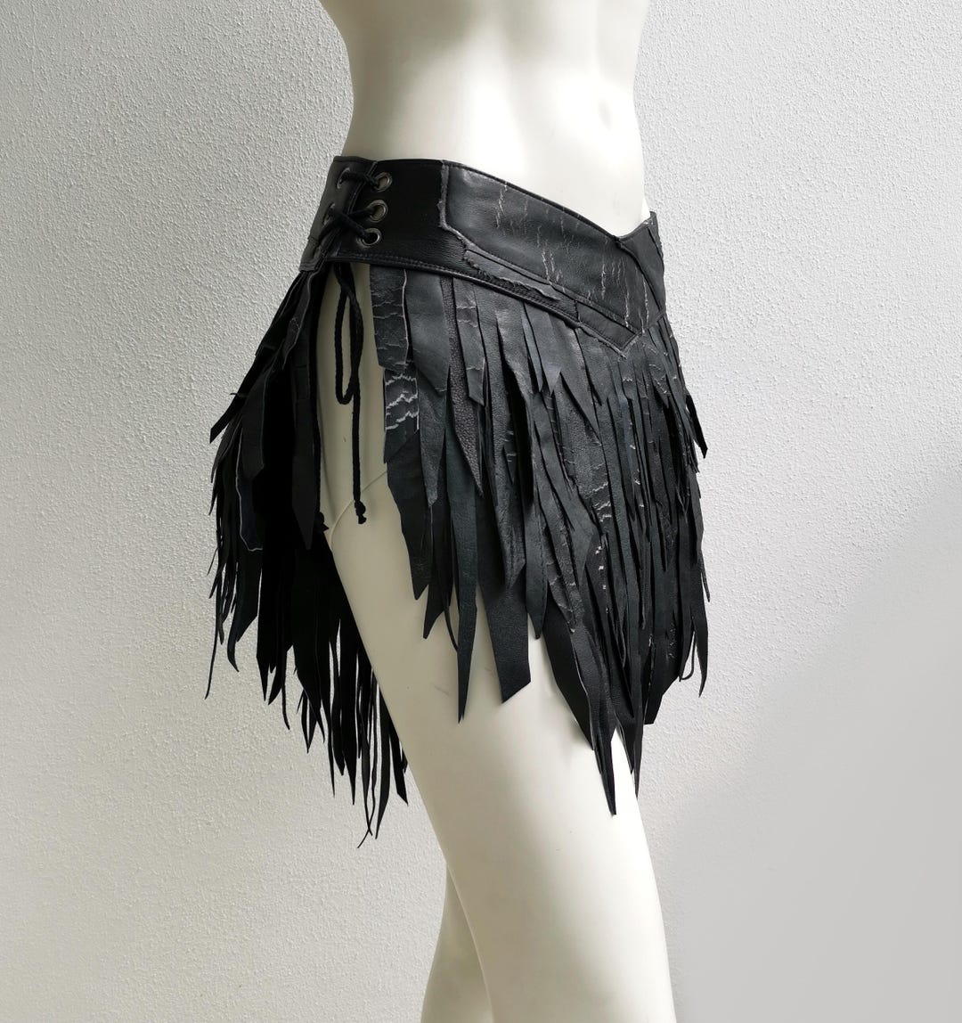 Dream Warriors Worn Out Black Leather Mini Skirt/loincloth. Fringed ...
