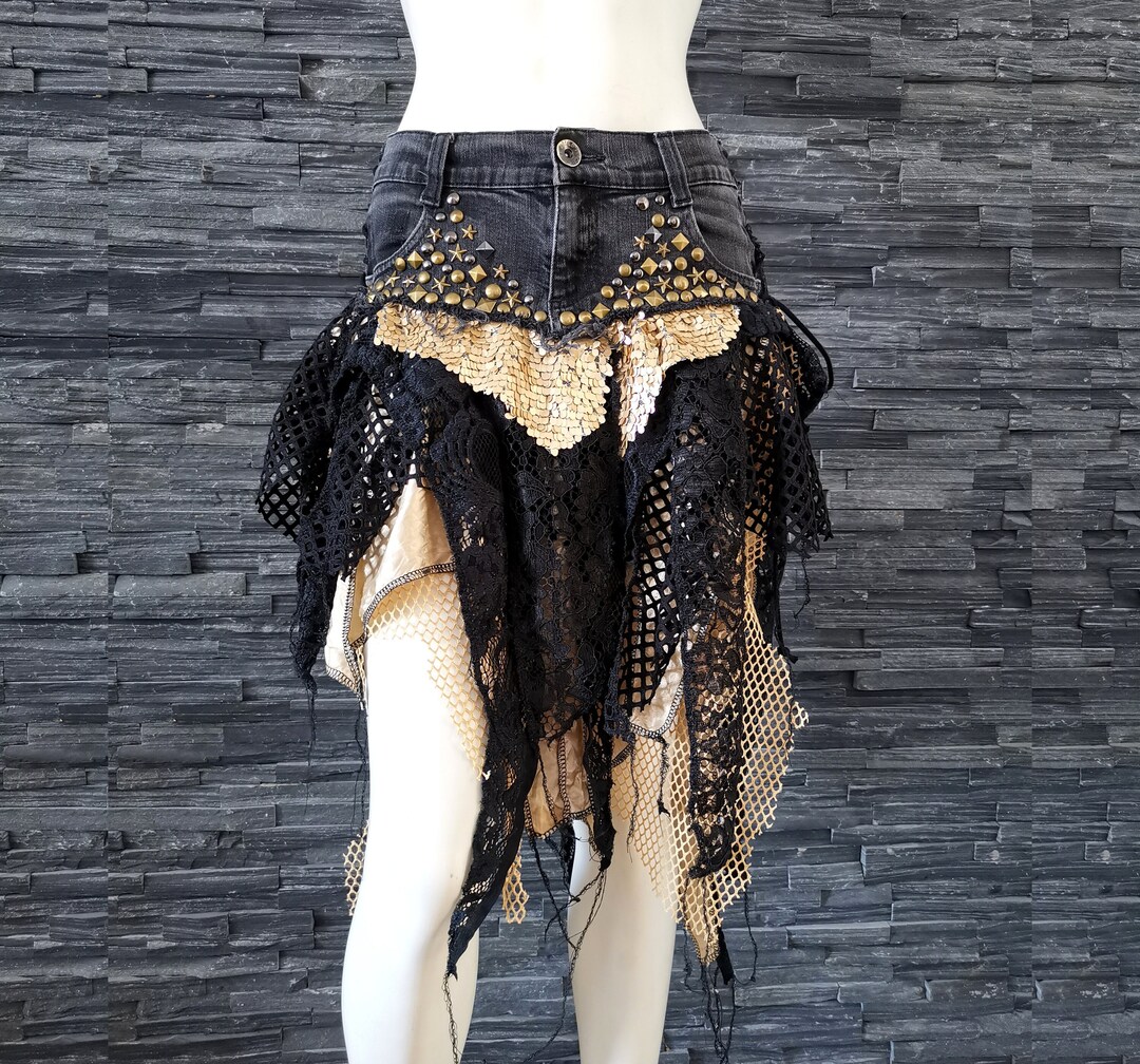 Dream Warriors Black and Gold Denim, Lace & Fishnet Slit Skirt ...