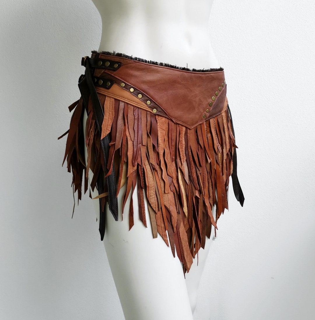 Dream Warriors Brown and Cognac Leather Ragged Fringe Skirt/tattered ...