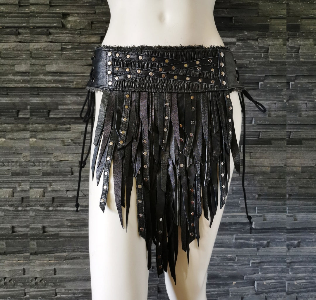 Dream Warriors Black Leather Loincloth Fringe Mini Skirt. - Etsy Dream Warriors Black Leather Loincloth Fringe Mini Skirt. - Etsy