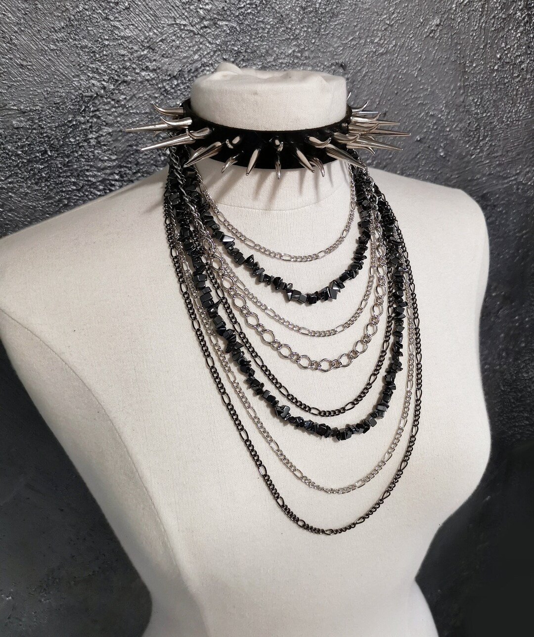 Studded Leather Choker Necklace / Spike Collar With Stacked Chains ...