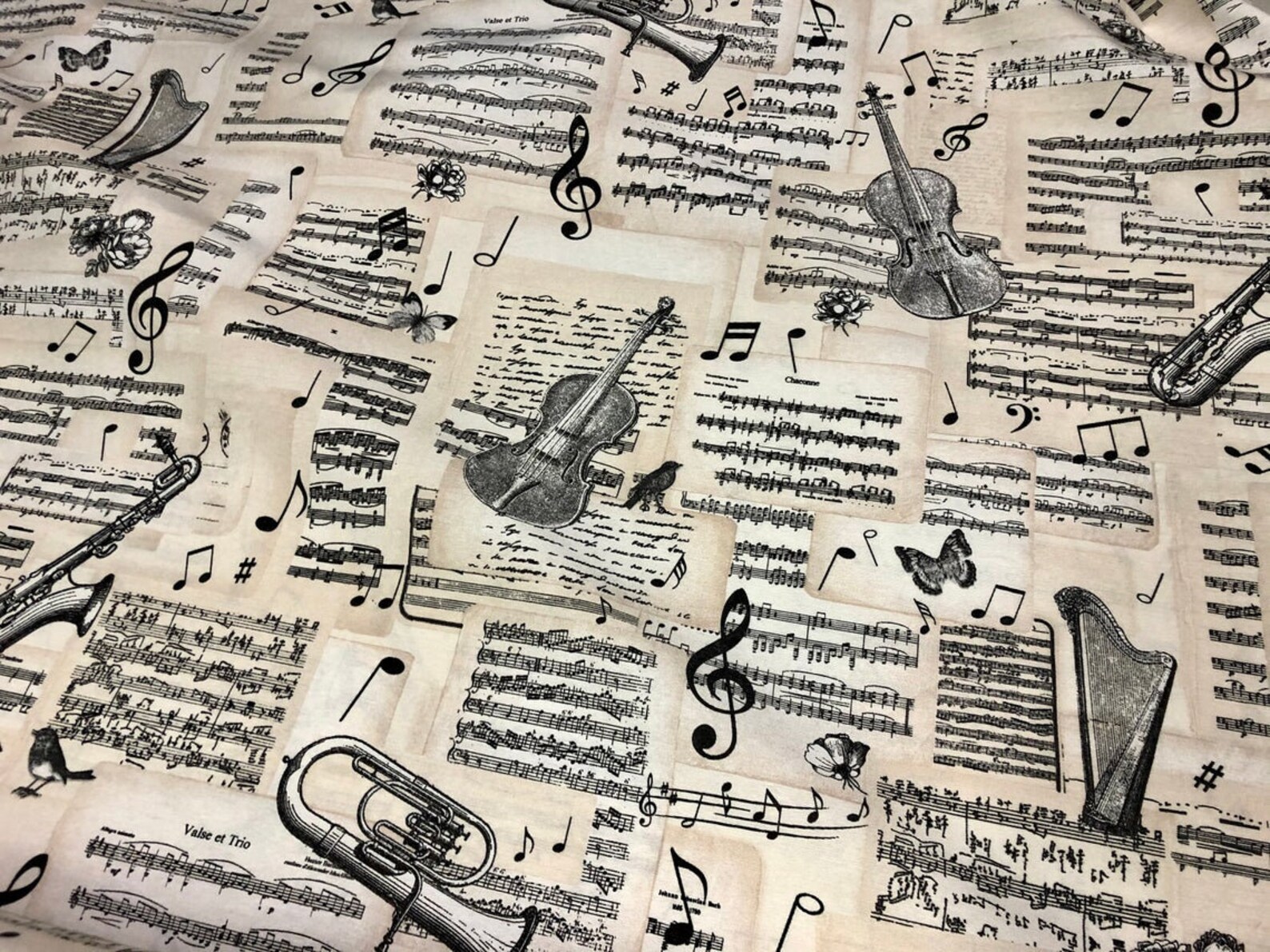 Violin & Music Notes Designer Curtain Upholstery Cotton Fabric Material ...
