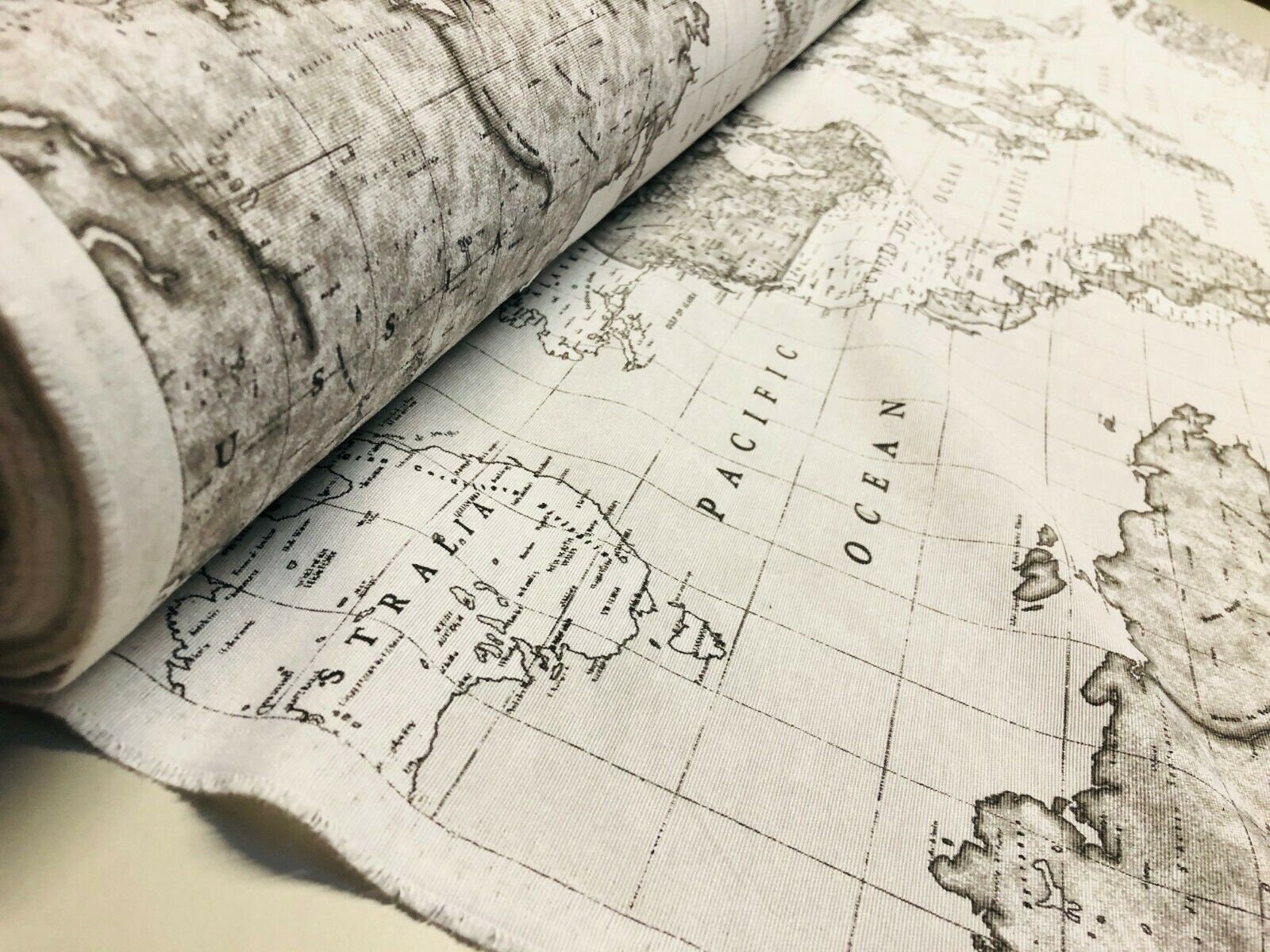 Grey World Map Designer Fabric Curtains Upholstery Dress Cotton ...