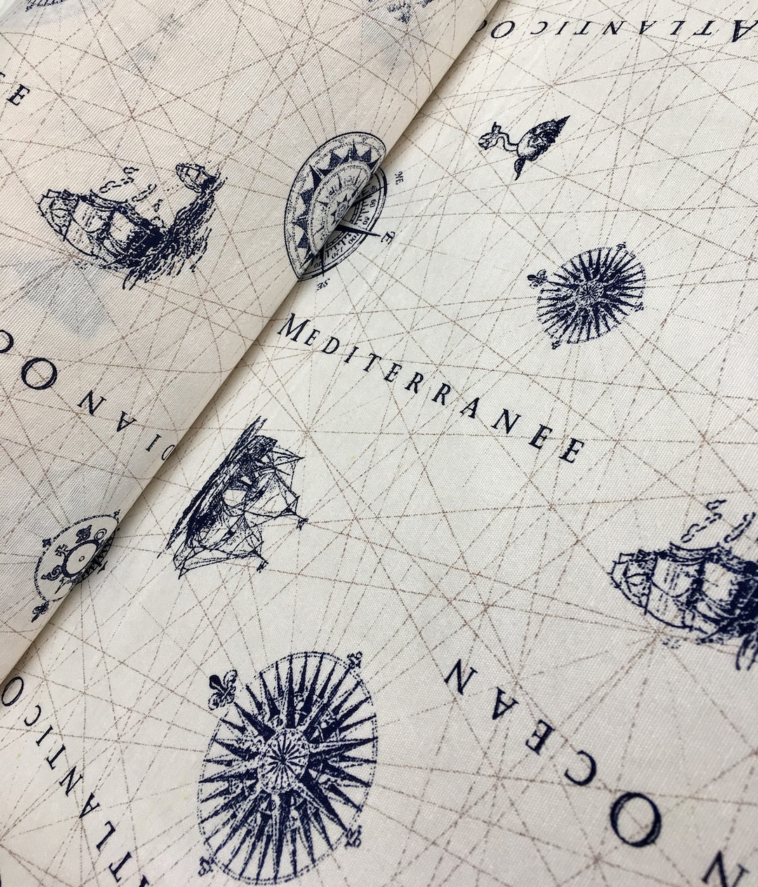 Nautical MARINE MAP Print Fabric - Curtains, Dress, Upholstery Material ...