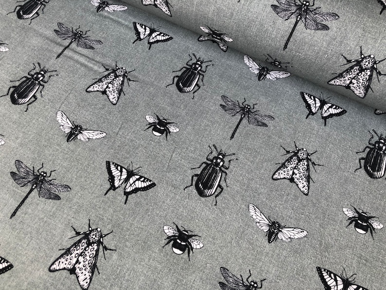 Grey Bugs & Insects Fabric for Curtains Upholstery Dressmaking - Bee ...