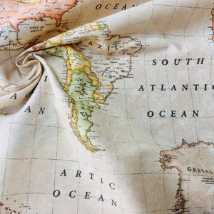 BEIGE WORLD MAP 3 Designer Curtain Upholstery Home Decor Cotton Fabric ...