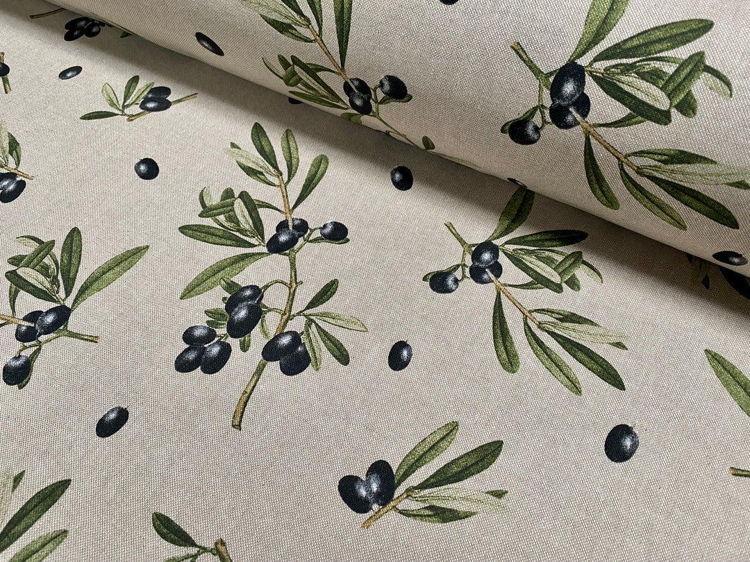 Black Olive Branch Fabric Olives Print Green Leaf Tree Linen Look ...
