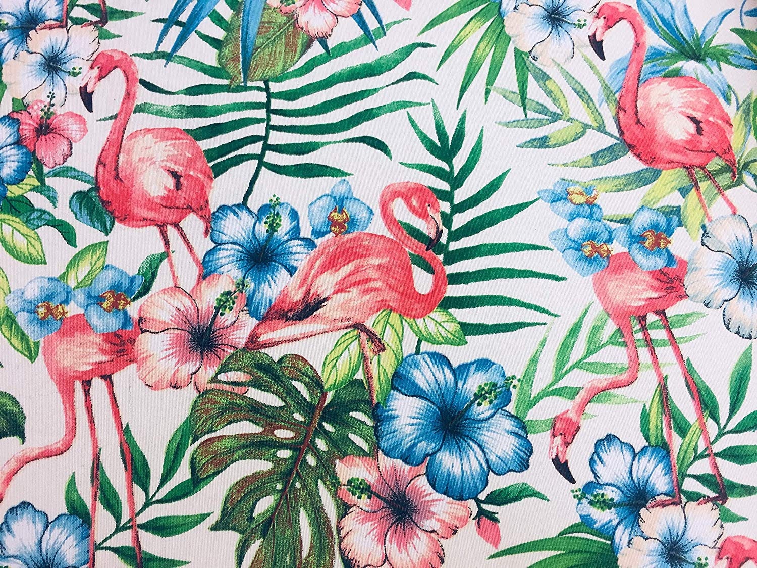 Pink Flamingo Bird Floral Fabric & Tropical Palm Leaf Garden Print ...