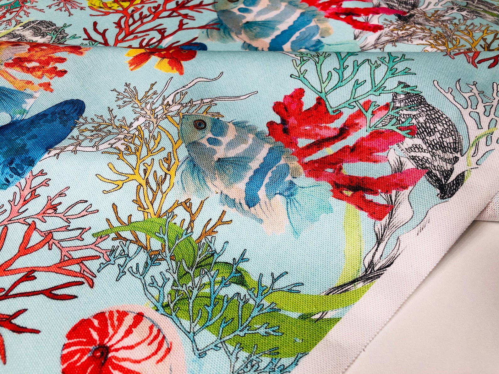 Aqua Sea World Coral Reef Fabric Curtain Upholstery Cotton Material ...