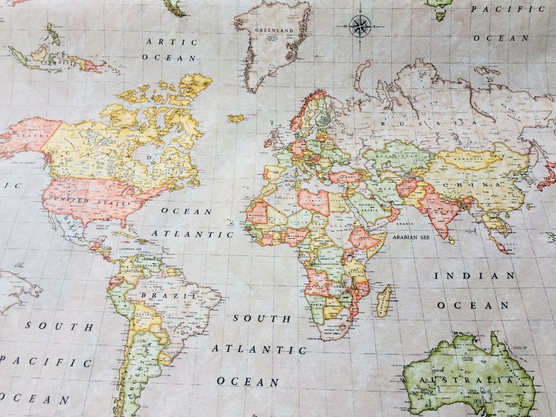 BEIGE WORLD MAP 3 Designer Curtain Upholstery Cotton Fabric - Etsy