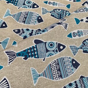 Blue Fish Marine Fabric Linen Look Home Decor Curtain Upholstery ...