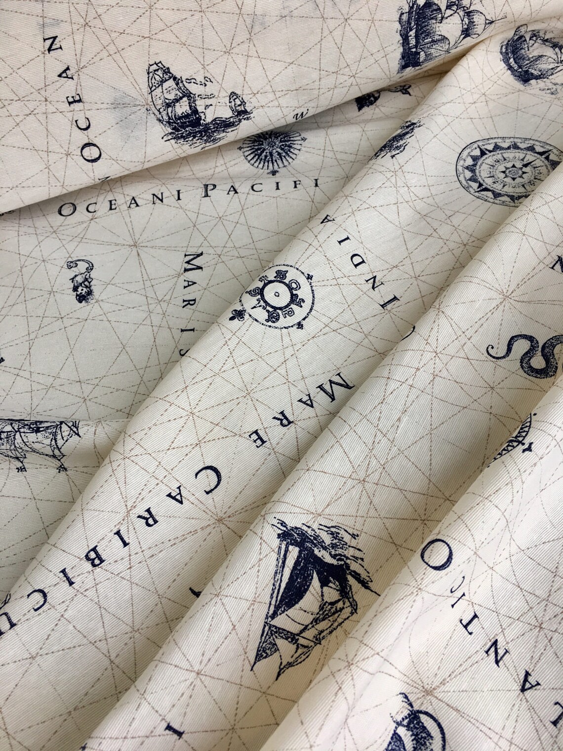 Nautical MARINE MAP Print Fabric Curtains Dress Upholstery - Etsy