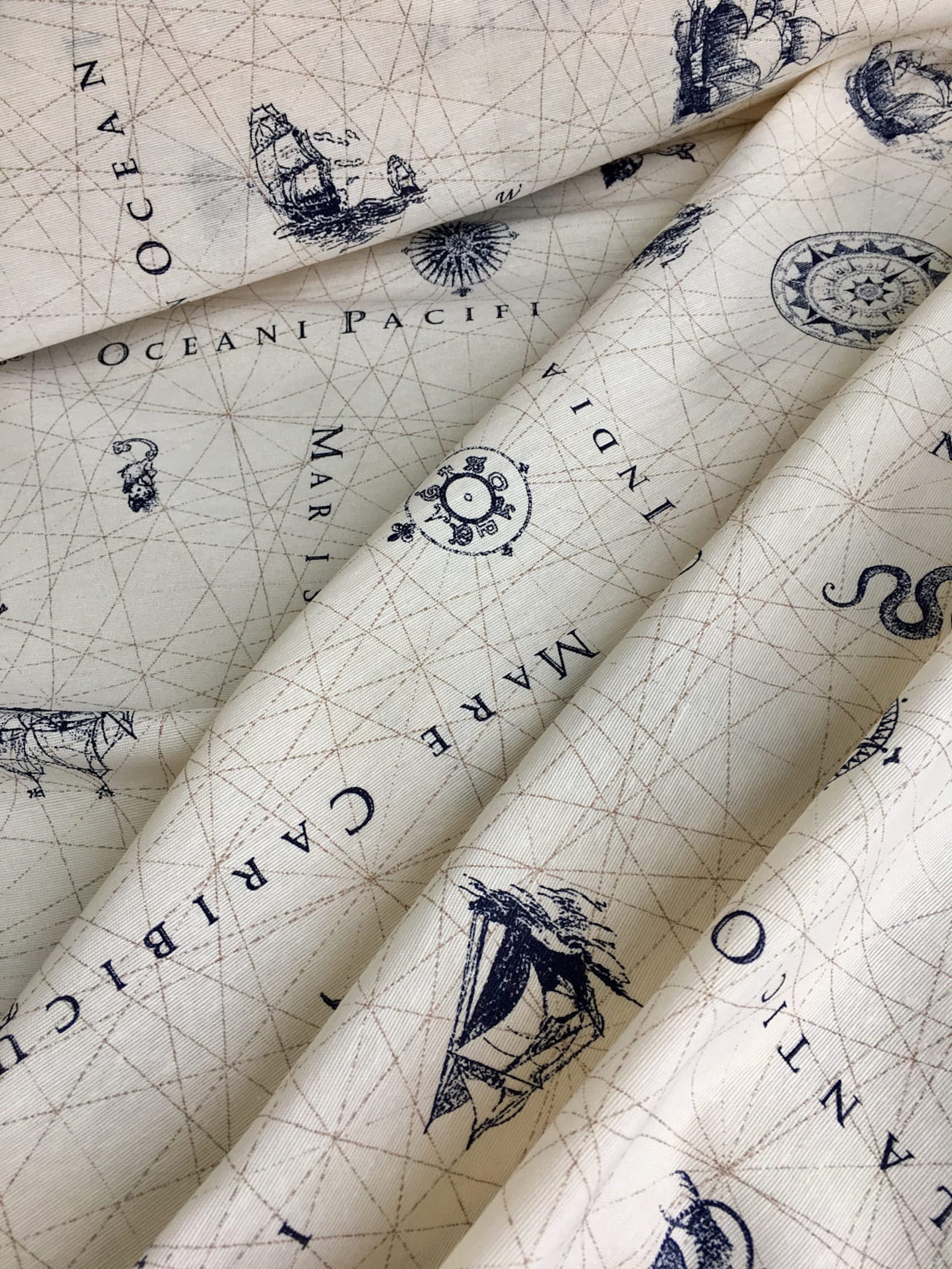 Nautical MARINE MAP Print Fabric - Curtains, Dress, Upholstery Material ...