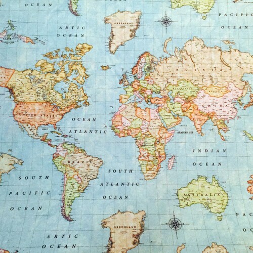 BEIGE WORLD MAP 3 Designer Curtain Upholstery Cotton Fabric - Etsy