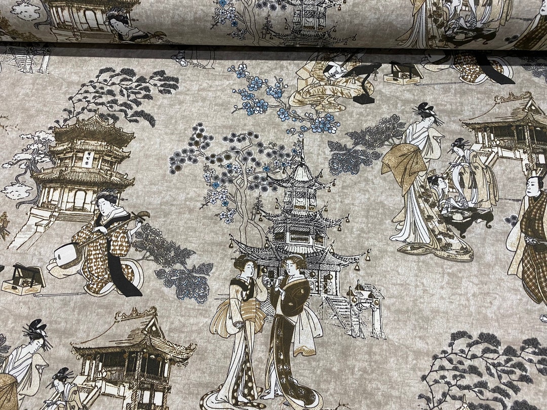 Geisha Japanese Pagoda Oriental Twill Floral Linen Look Curtain Fabric ...