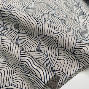 Blue Wave Geometric Waves Linen Look Fabric Curtain Material for Dress ...