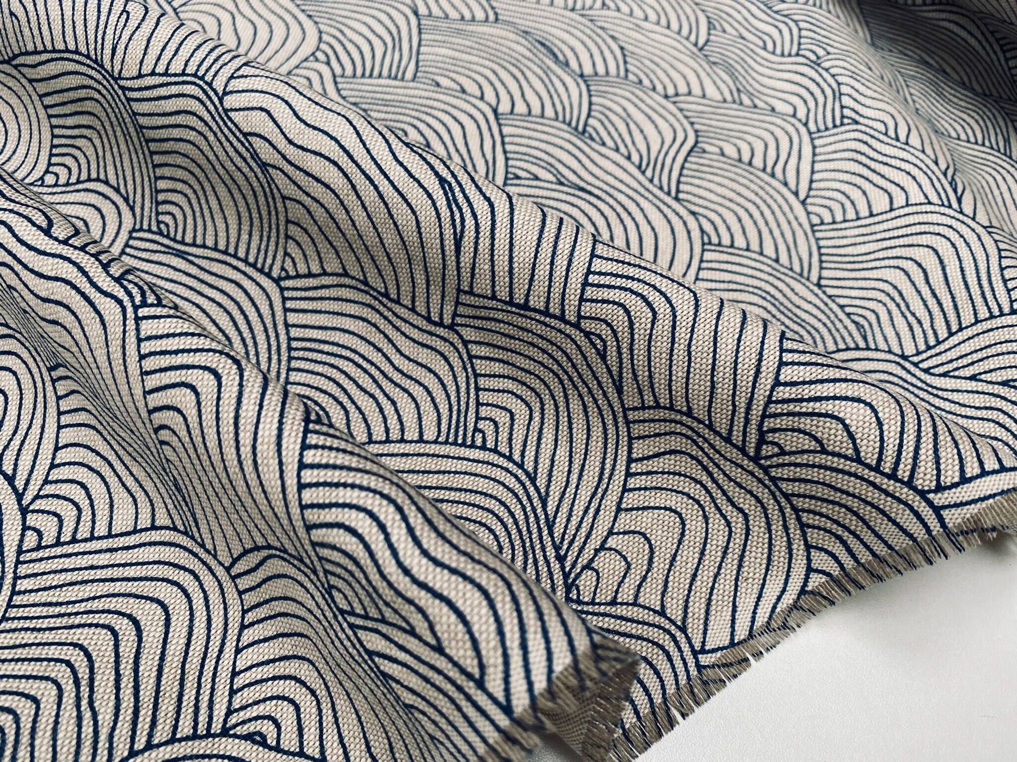 Blue Wave Geometric Waves Linen Look Fabric Curtain Material for Dress ...