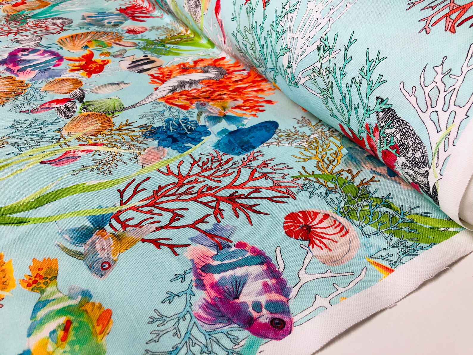 Aqua Sea World Coral Reef Fabric Curtain Upholstery Cotton | Etsy