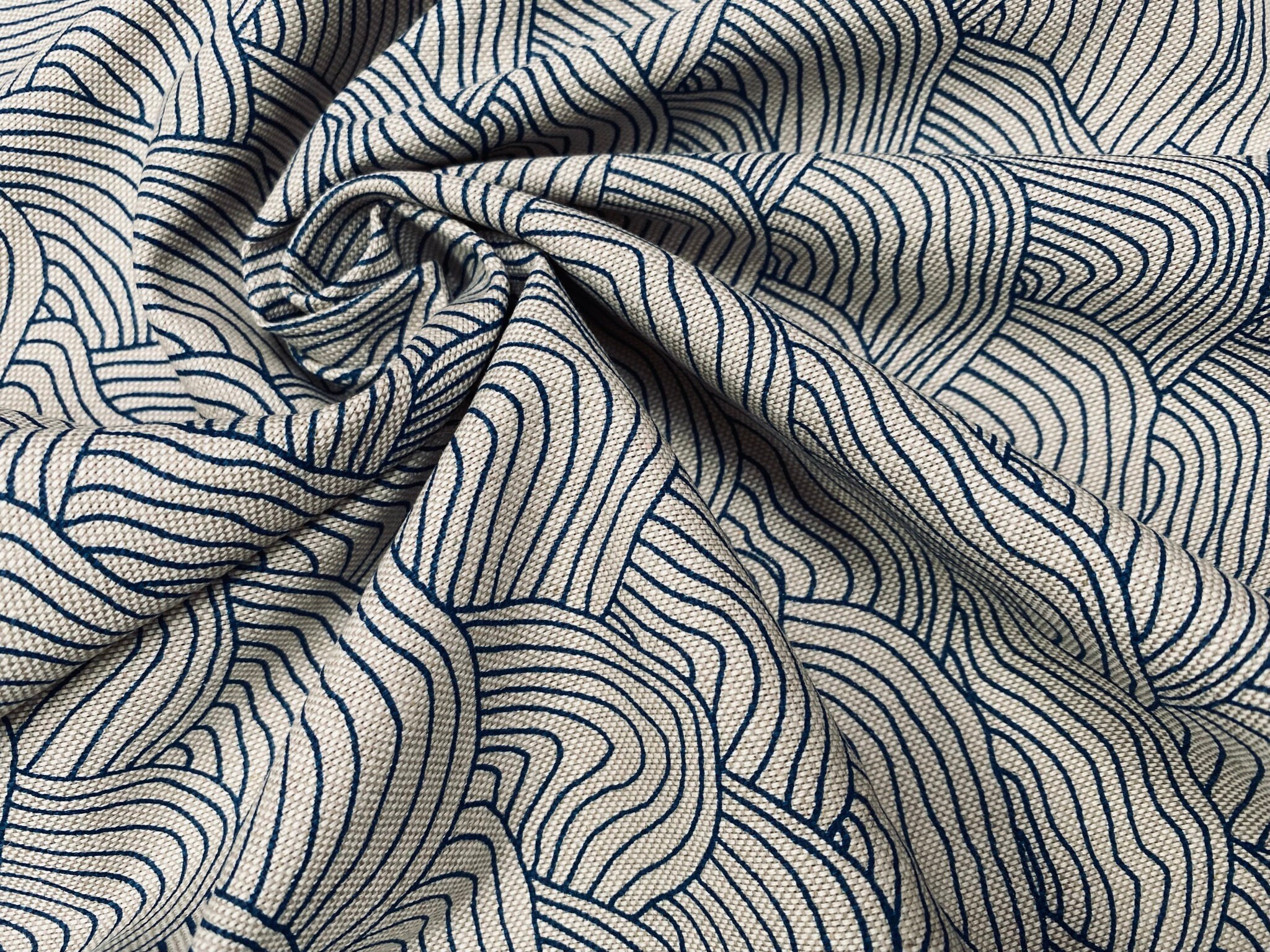 Blue Wave Geometric Waves Linen Look Fabric Curtain Material for Dress ...