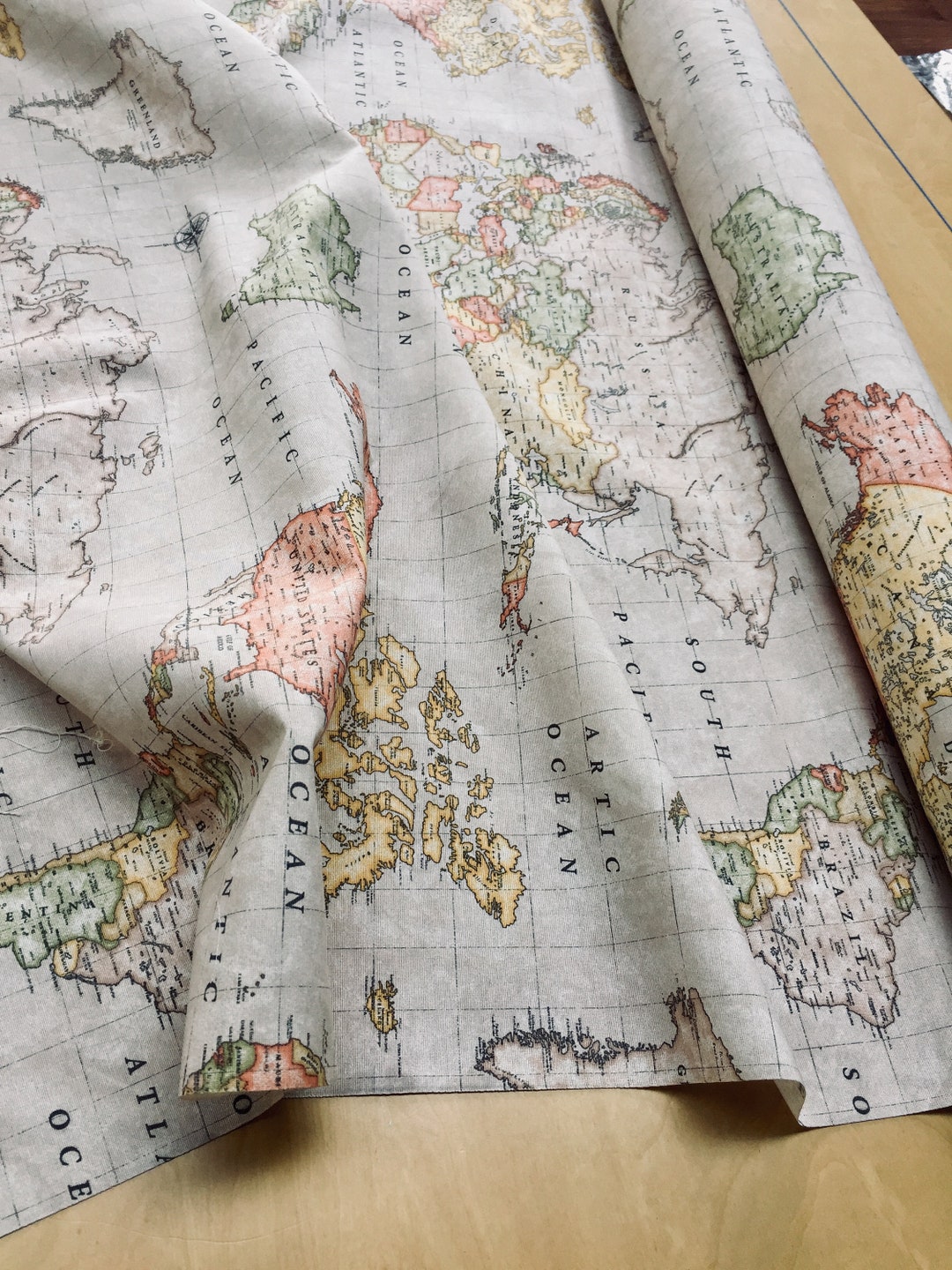 BEIGE WORLD MAP 3 Designer Curtain Upholstery Home Decor Cotton Fabric ...