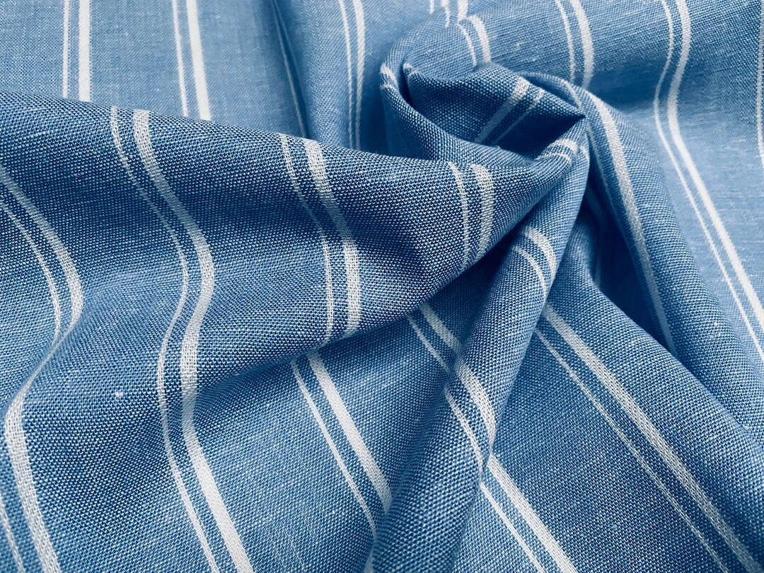 Silky Linen Blend Marine Stripe Fabric Light White Striped Material ...