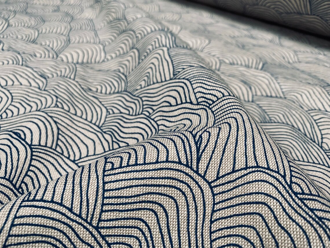 Blue Wave Geometric Waves Linen Look Fabric Curtain Material for Dress ...