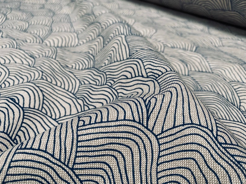 Blue Wave Geometric Waves Linen Look Fabric Curtain Material for Dress ...