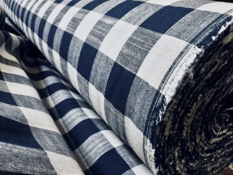 Navy And White Gingham Linen Checked Linen Fabric Plaid Material Etsy Uk
