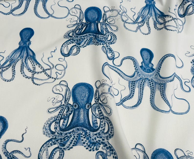 Blue Octopus Fabric Marine Digital Print – White Nautical Sea Life ...