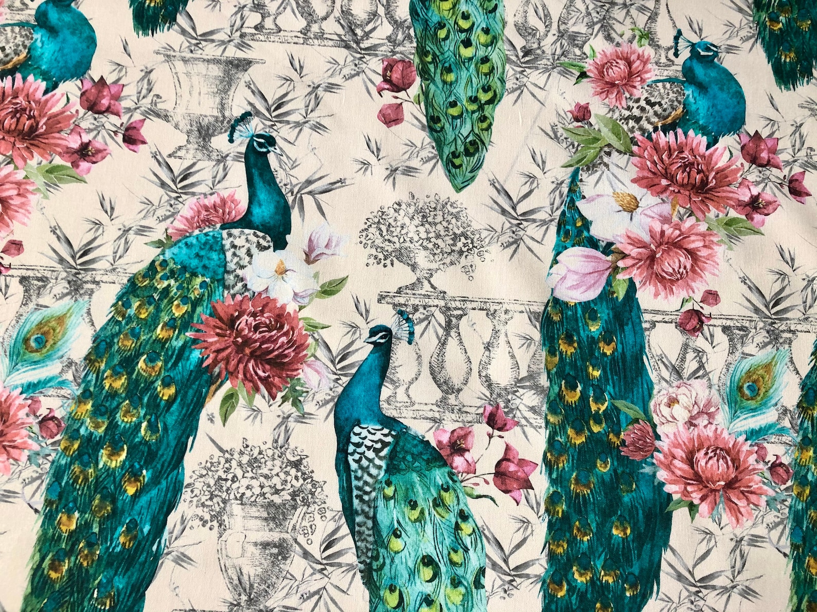 Peacock Bird Fabric Floral Pink Peony Garden Furnishing - Etsy UK