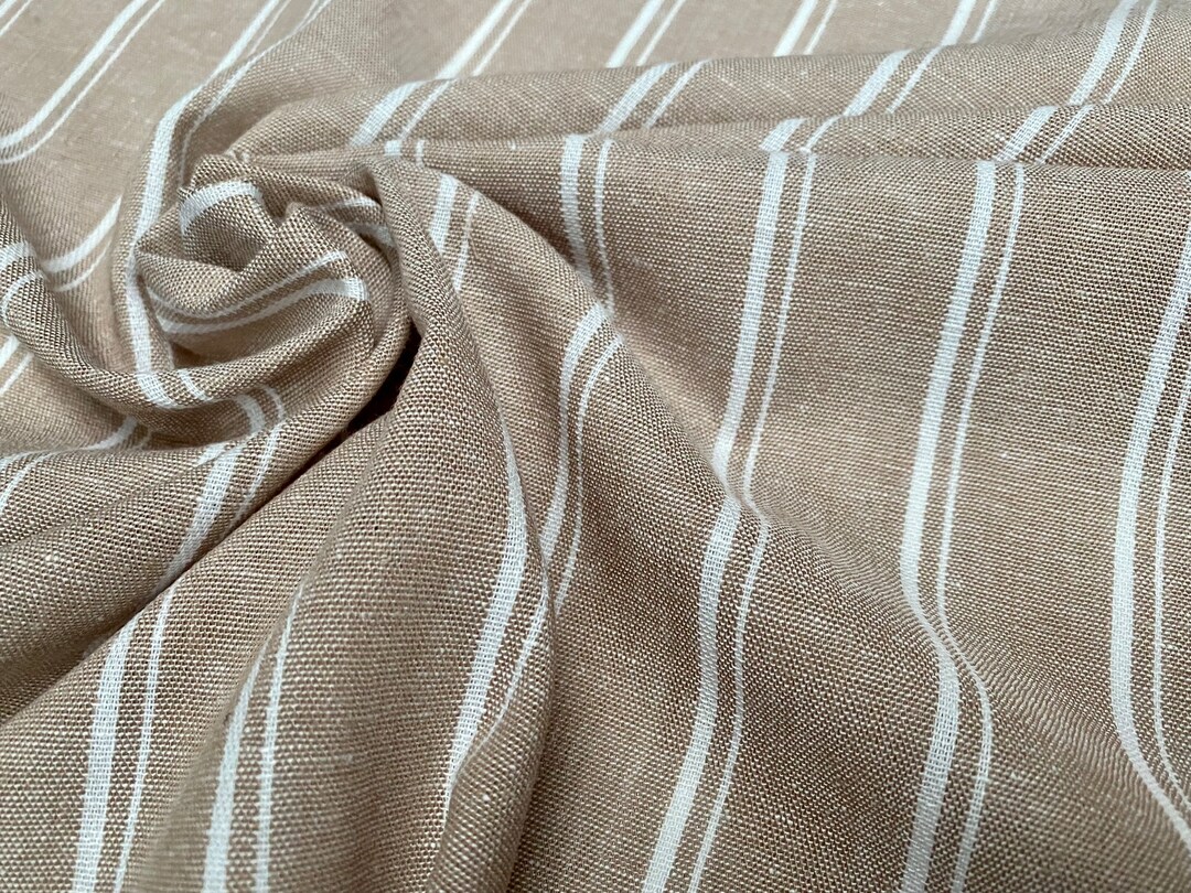 Silky Linen Blend Marine Stripe Fabric Light White Striped Material ...