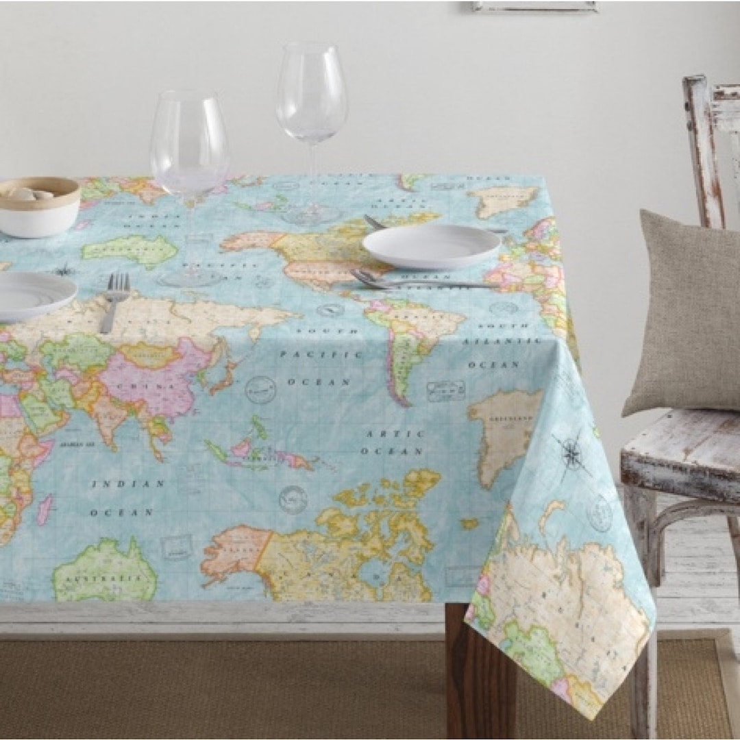 Teflon Water-resistant World Map Soft Tablecloth PU Coated Outdoor ...