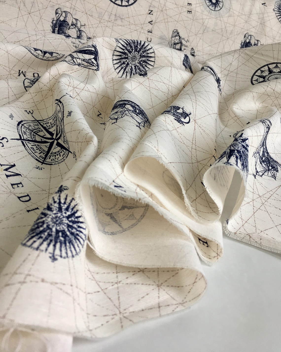 Nautical MARINE MAP Print Fabric Curtains Dress Upholstery | Etsy