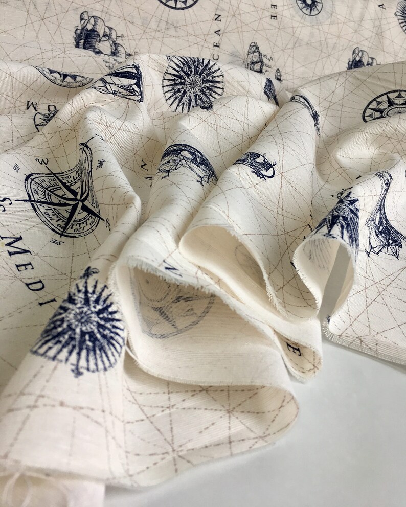 Nautical MARINE MAP Print Fabric Curtains Dress Upholstery - Etsy