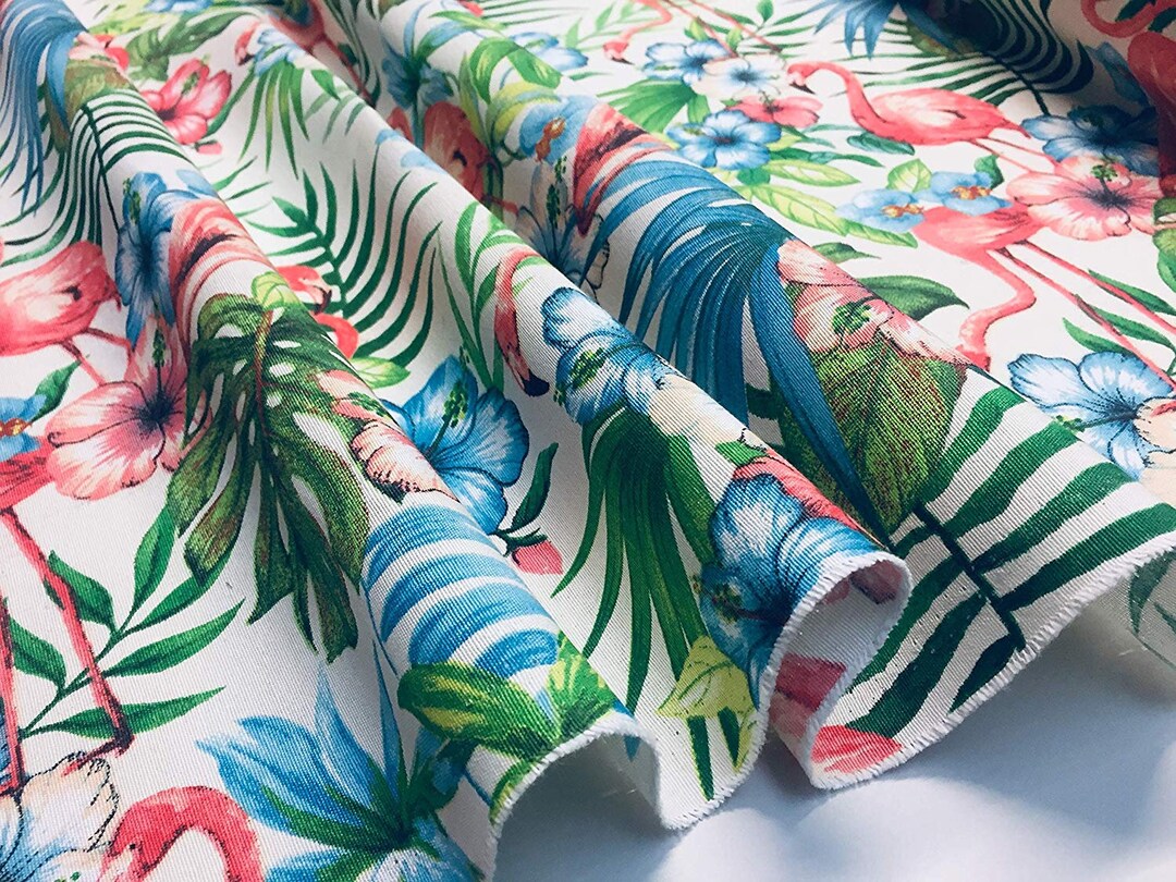 Pink Flamingo Bird Floral Fabric & Tropical Palm Leaf Garden Print ...