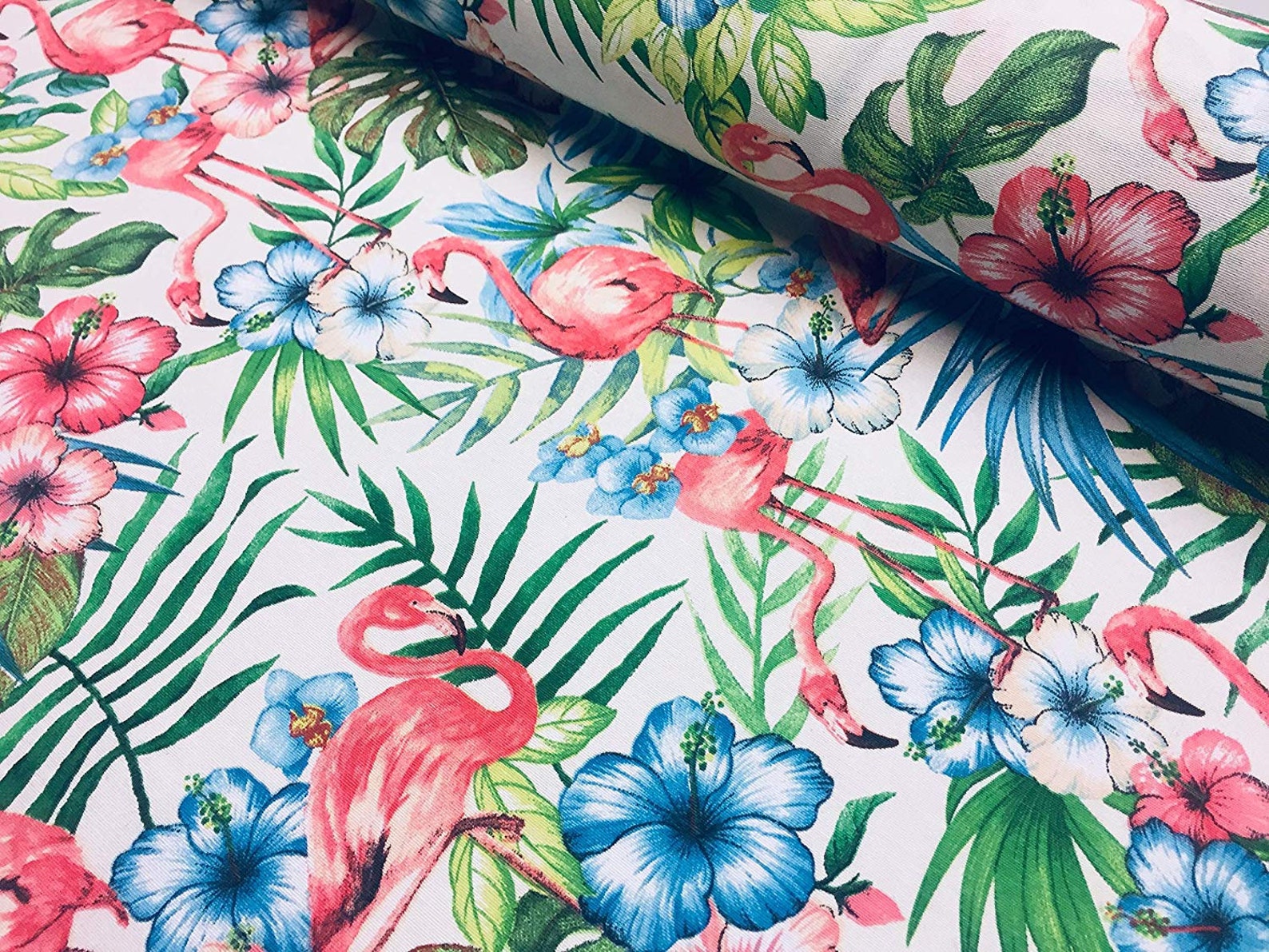 Pink Flamingo Bird Floral Fabric & Tropical Palm Leaf Garden Print ...