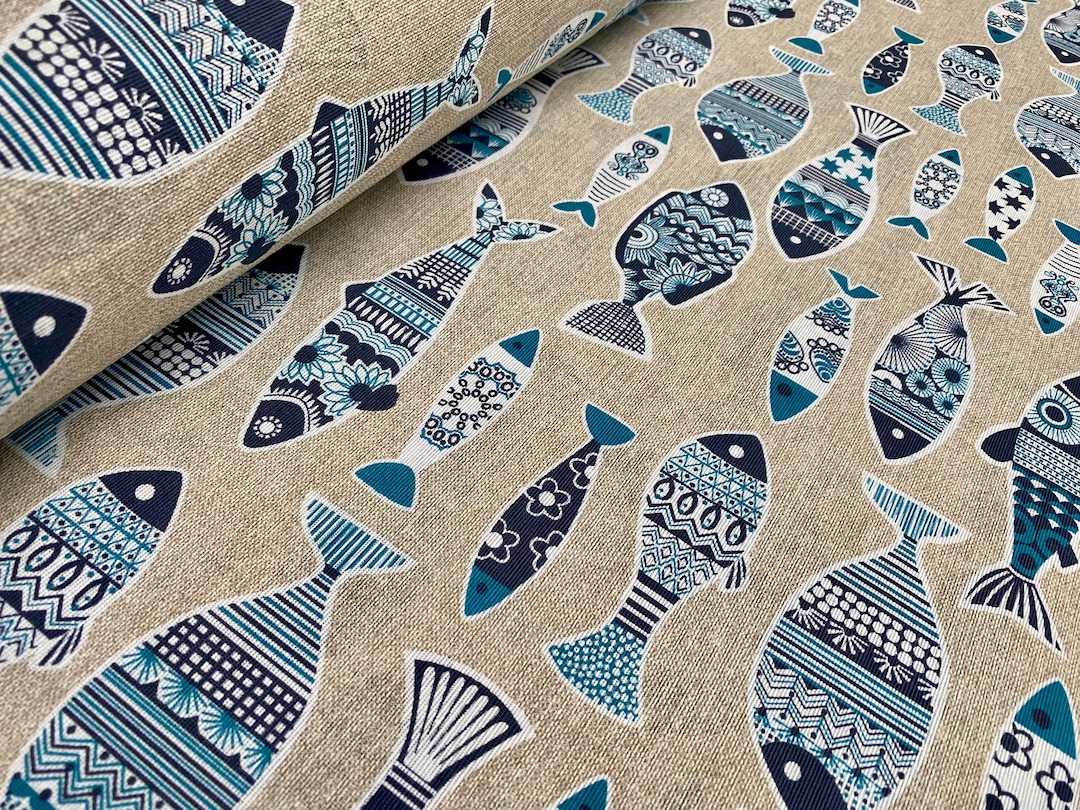 Blue Fish Marine Fabric Linen Look Home Decor Curtain Upholstery ...