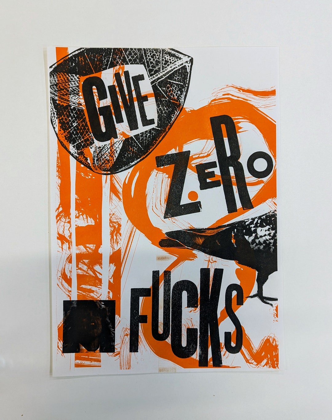 Riso Print Give Zero Fucks Art Artwork Bold Colour Music Punk A3 Orange Black Typography Mark ...