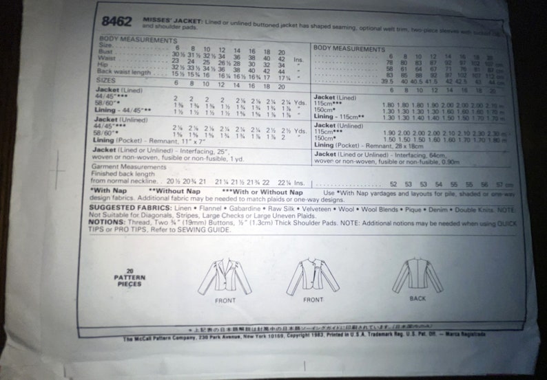 Vintage Jacket Sewing Patterns Mccall's 8462 - Etsy