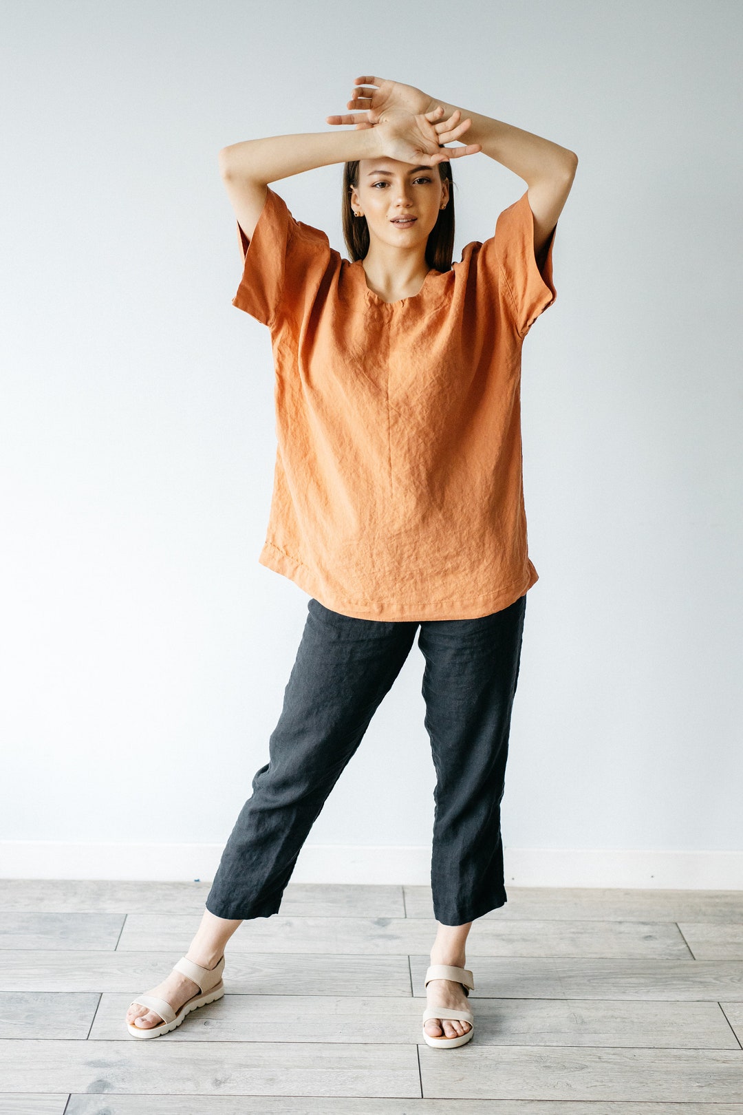 Bronze Linen Top: V-neck Loose Fit Blouse, Organic Fabric - Etsy