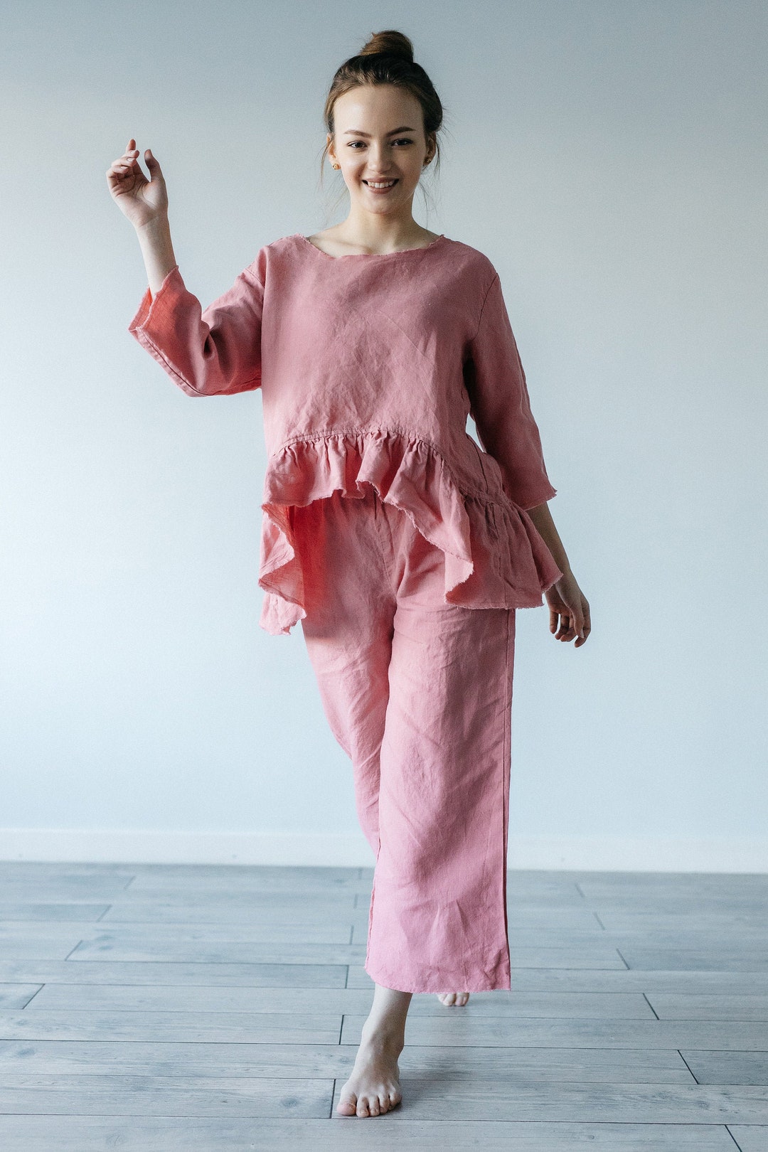 Linen Pajama Set: Ruffle Top & Culottes - Raw Hem - Etsy