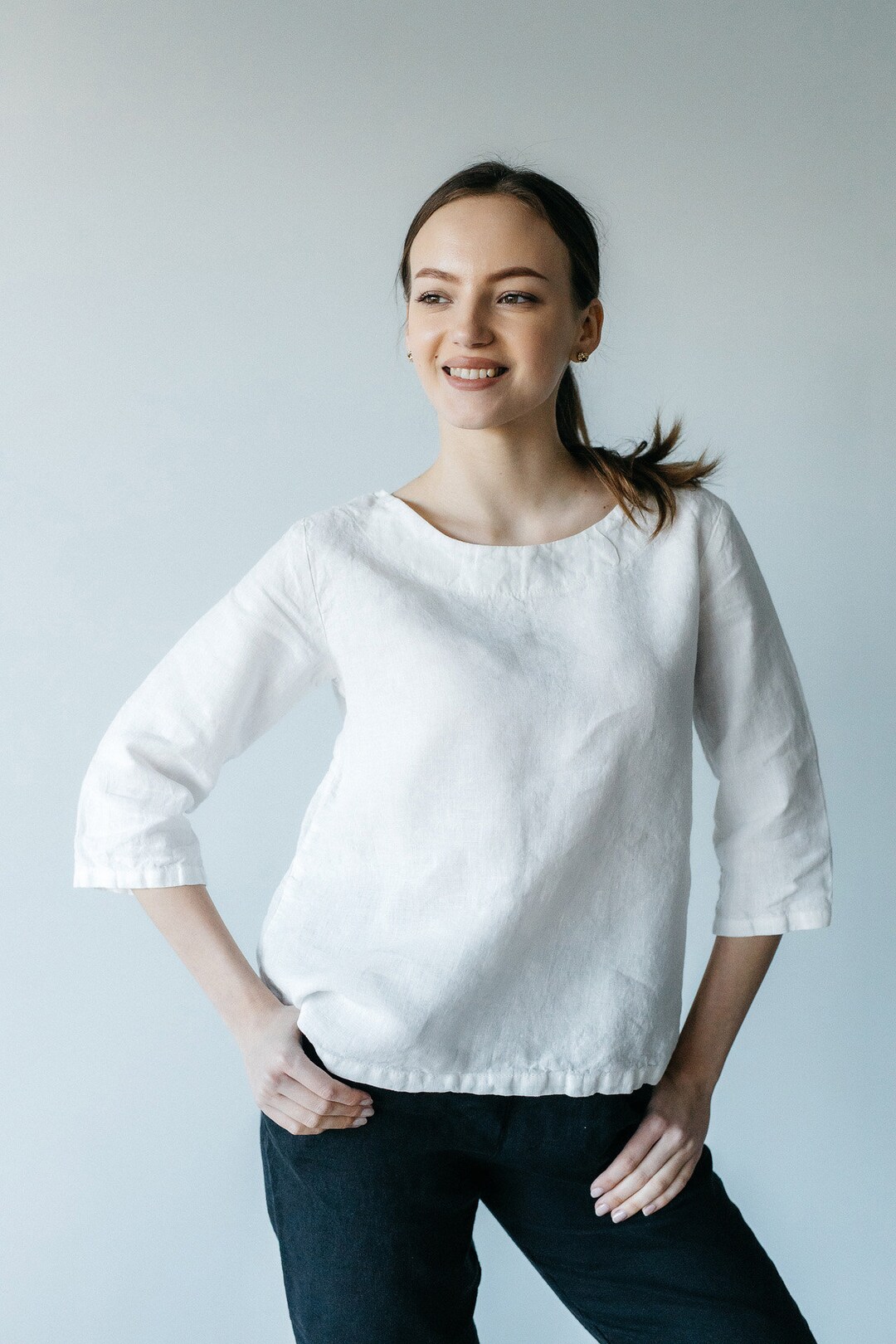 White Linen Tee Shirt Women: 3/4 Sleeve Summer Top - Etsy