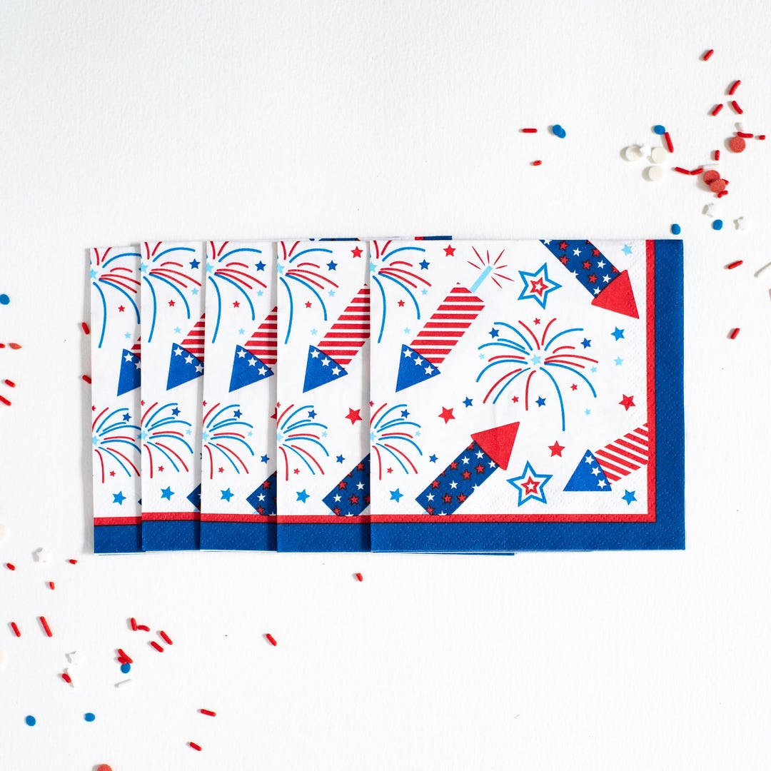 4th of July Cocktail Napkins, Red, White & Blue Firework Napkins ...